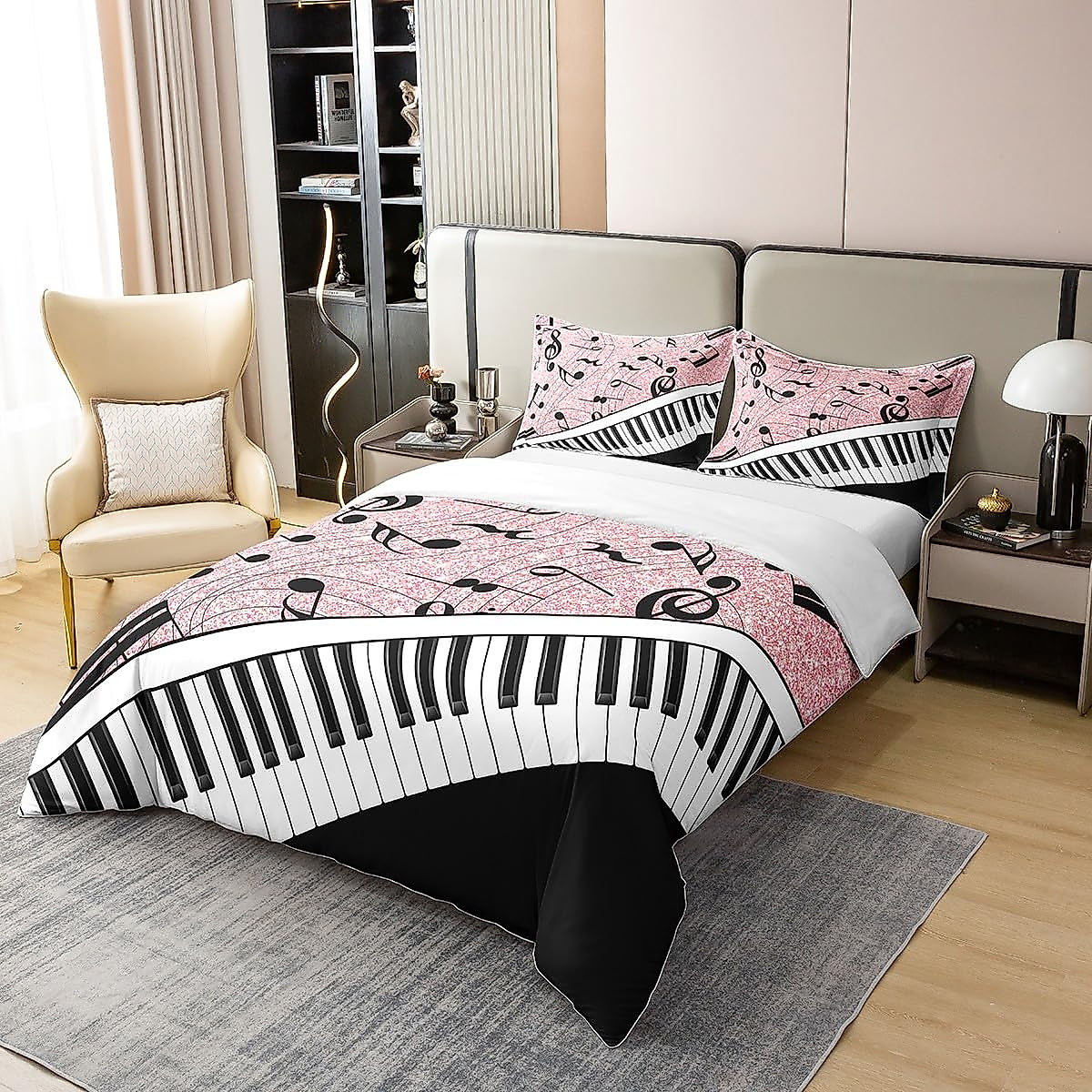 Twin Size Duvet Cover Music 100% Pure Cotton Bedding Set Black Piano and Musical Note Bedding Set Pink Glitter Comforter Cover for Room Decor Twin Size 2 PCS