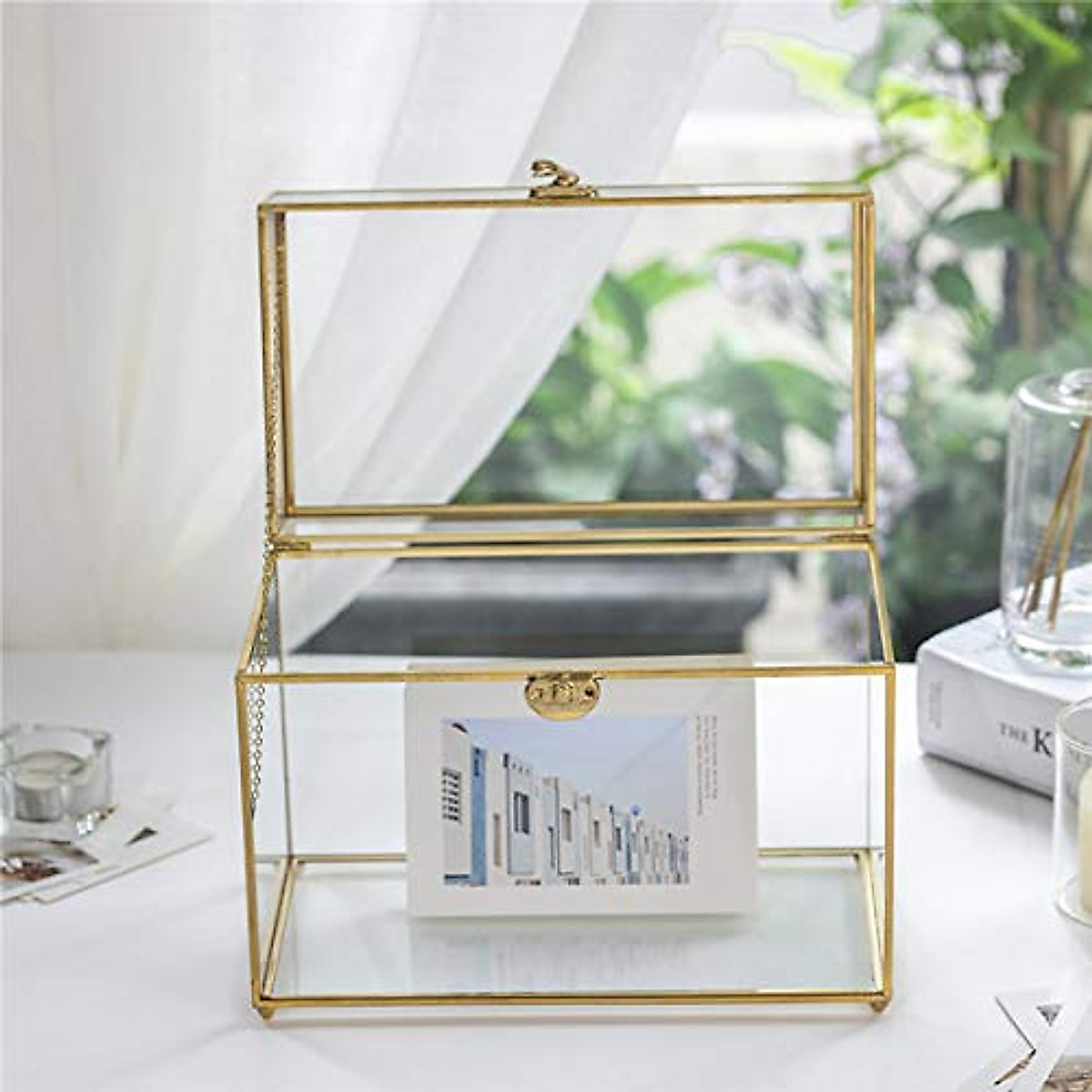 NCYP Gold Glass Card Box with Lid for Wedding Reception (9.9x5.6x7.7 Inches) Handmade Rectangle Decorative Storage Box for Party Wishwell Keepsake, Vintage Terrarium (Glass Box Only) (No Slot)