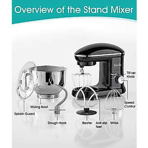 3-IN-1 Electric Stand Mixer, Facelle 6 Speed Kitchen Mixer with Pulse Button, Attachments include 6.5QT Bowl, Dishwasher Safe Beater,Dough Hook,Whisk,Splash Guard for Dough,Baking,Cakes,Cookie (Black)