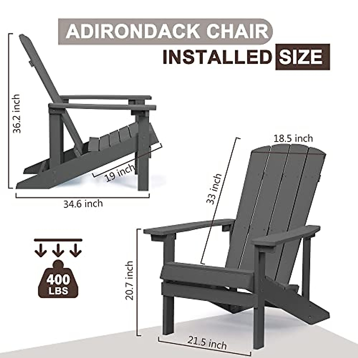 Aok Garden Adirondack Chairs Set of 2, Weather Resistant Hips Plastic Fire Pit Chairs, Modern Poly Adorondic Outside Chairs, 350 LBS Adirondack Chair for Easy Assembly, Grey