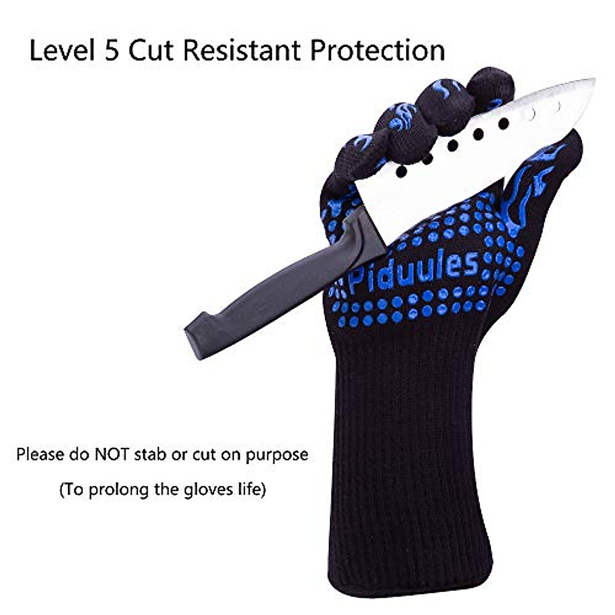 Piduules BBQ Grill Gloves, 1472°F Heat Resistant Non-Slip Grill Mitt with Elastic Cuff for Frying, Barbeque, Cooking, Baking, Oven, Cutting,14 Inch (Blue)
