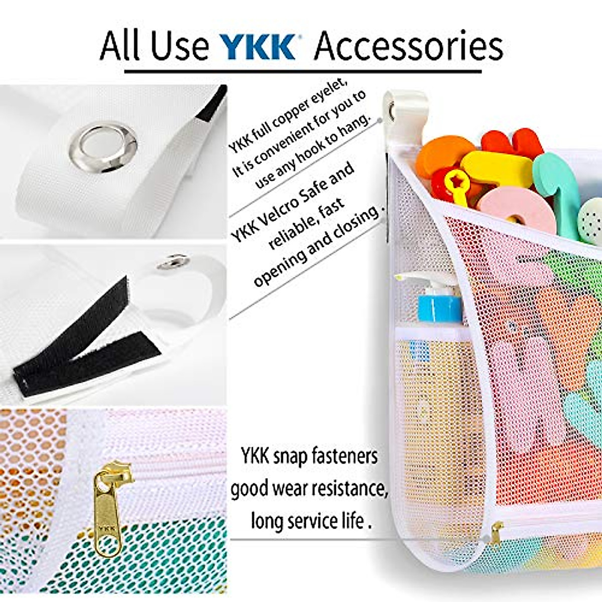 Baby Bath Toy Organizer With Machine Washable, Multiple-suspension Bath Toy Holder, Large Capacity, 2 Side Bags +4 Strong Hooks (1 Large, White)