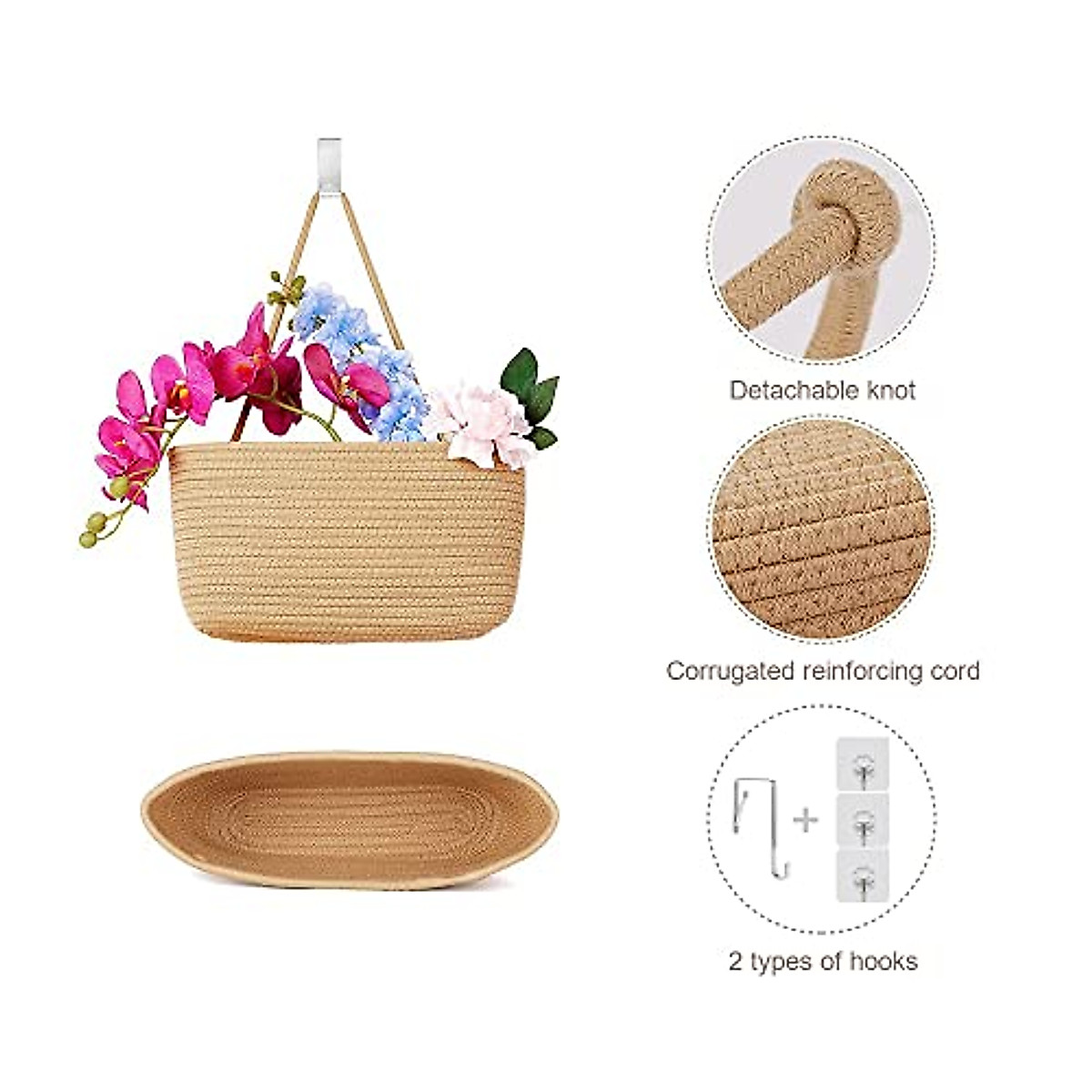 TeoKJ Over the Door Hanging Basket, 3-Tier Woven Cotton Wall-Mounted Storage Organizer Bag Decorative Hanging Kitchen Baskets - Jute