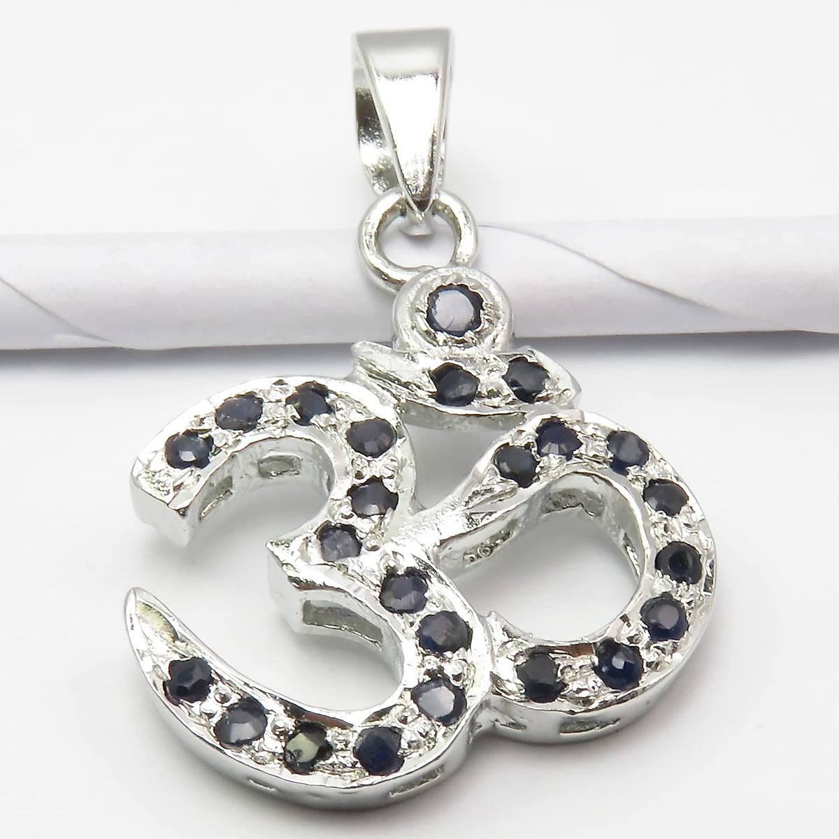 SilverStarJewel 925 Solid Silver Round Sapphire tcw 0.8 Om Ohm Religious Pendant 1.1" Gift Jewelry