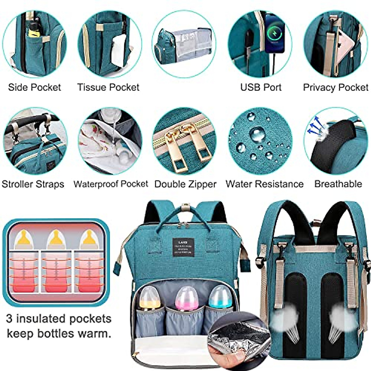 ANWTOTU Diaper Bag with Changing Station,Diaper Bag Backpack,Girl Boy Diaper Bag,Large Capacity,900d Excellent Oxford(Ungrade-Green)