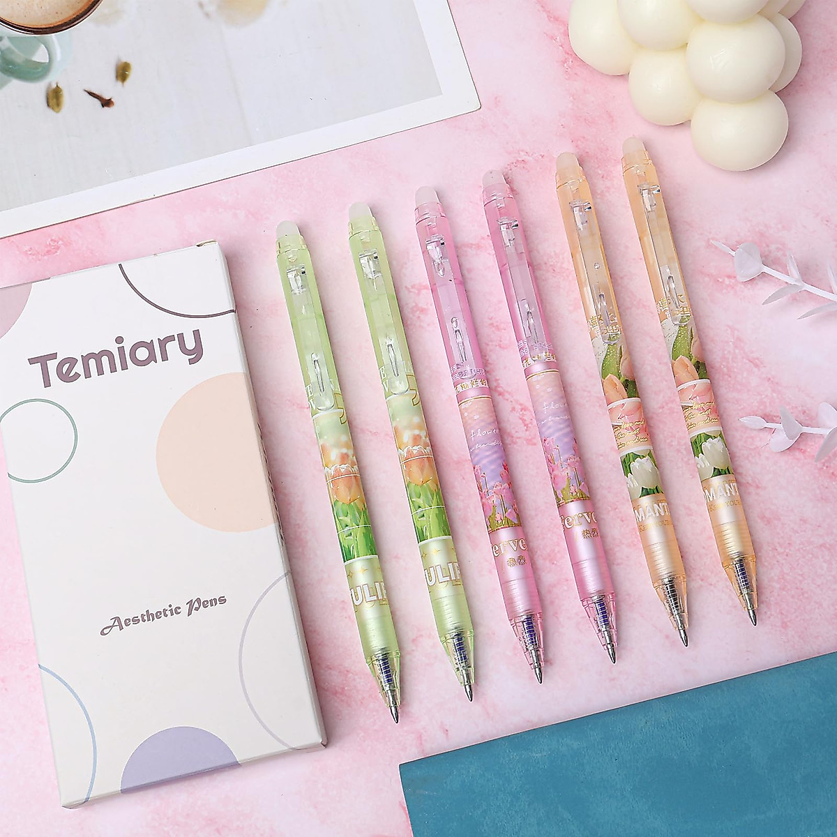Temiary 12Pcs Cute Erasable Gel Pens, Make Mistakes Disappear, 0.5mm Fine Point Smooth Writing for Planner, Blue and Black Ink Pen No Smudge for School Office Supplies (Romantic)