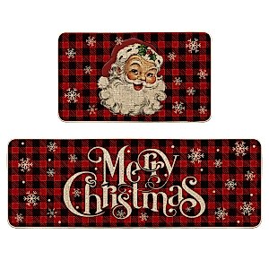 Artoid Mode Buffalo Plaid Snow Santa Claus Christmas Kitchen Rugs Set of 2, Winter Low-Profile Floor Mat Merry Christmas Decorations for Home Kitchen - 17x29 and 17x47 Inch