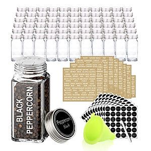SWOMMOLY 66 Glass Spice Jars with 703 Spice Labels, Chalk Marker and Funnel Complete Set. 66 Square Glass Jars 4oz, Airtight Cap, Pour/sift Shaker Lid