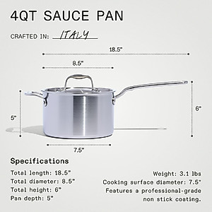 Made In Cookware - ProCoat 4 Quart Non Stick Sauce Pan With Lid - Graphite - 5 Ply Stainless Clad Nonstick Saucepan - Professional Cookware - Crafted in Italy - Induction Compatible