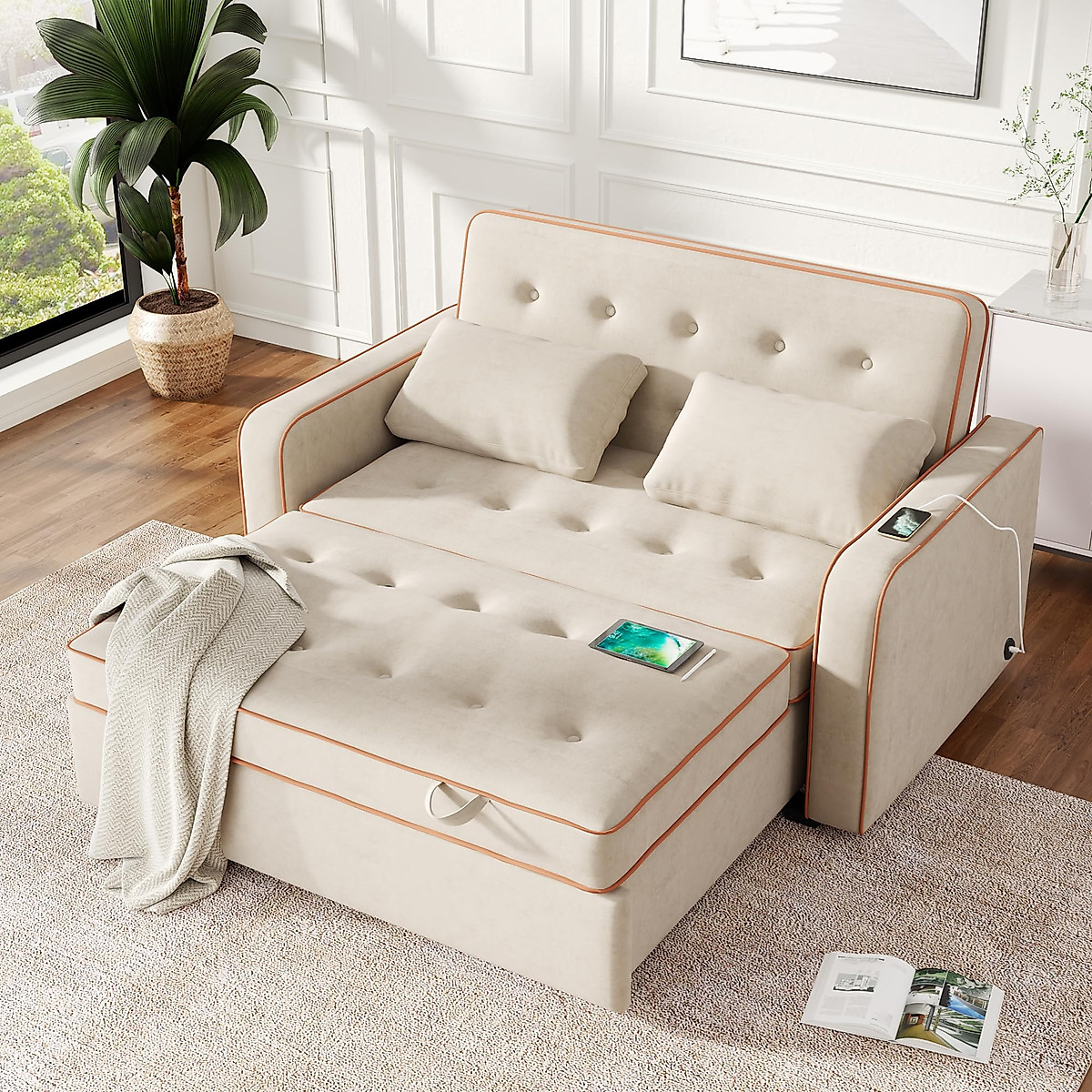 P PURLOVE Upholstered Modern Sofa Bed with Armrest, Convertible Sofa Couch with Adjustable Backrest and Dual USB Charging Port, Sleeper Bed for Living Room, Bedroom, Office, Brown Gray