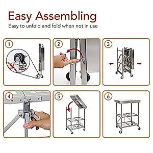 Origami Stainless Steel Cart on Wheels, 3-Tier Foldable Rolling Cart Made of Commercial-Grade Metal - Stainless Steel Design for Chefs Outdoor Food Prep Folding Kitchen Cart