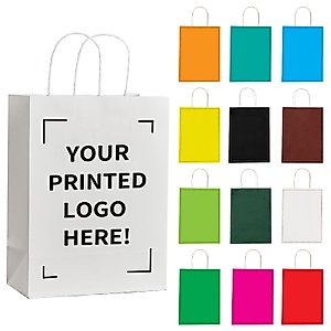 RACETOP 50 PCS Custom Kraft Paper Bags with Logo for Small Business, 8x4.5x10.8 Inch Medium Size, Personalized Gift Bags, Brown Shopping Paper bag with Handle Bulk, White Goodie Bags