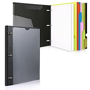 WOT I All-in-one Telescoping Binder Notebook, Refillable 3 Ring Binder with Customized Front Cover+Catalog Back Pocket+5 Subject Dividers+Movable Pocket Folder+60 Sheets Notepaper, Black
