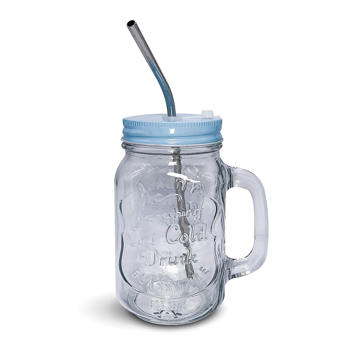Home Suave Mason Jar Mugs with Handle, Regular Mouth Colorful Lids with 2 Reusable Stainless Steel Straw, Set of 2 (Light Blue), Kitchen GLASS 16 oz Jars,Refreshing Ice Cold Drink & Dishwasher Safe