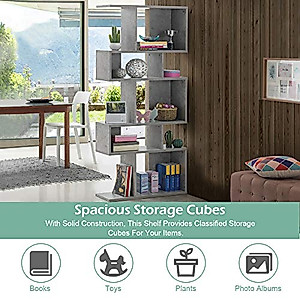 Giantex 5-Tier Geometric Bookshelf, 70'' Tall Wood Freestanding Decorative Display Open Shelves with Anti-Tipping Device, Each Shelf Holds up to 44 lbs, Wooden S Shaped Bookcase, Gray