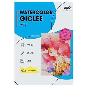 PPD Watercolor Printer Paper, Printable Fine Art Paper for Inkjet Printer, Textured Giclee Archival Acid Free Paper 8.5 x 11, Professional Grade, Heavyweight 240 gsm/64 lb (25 Sheets)