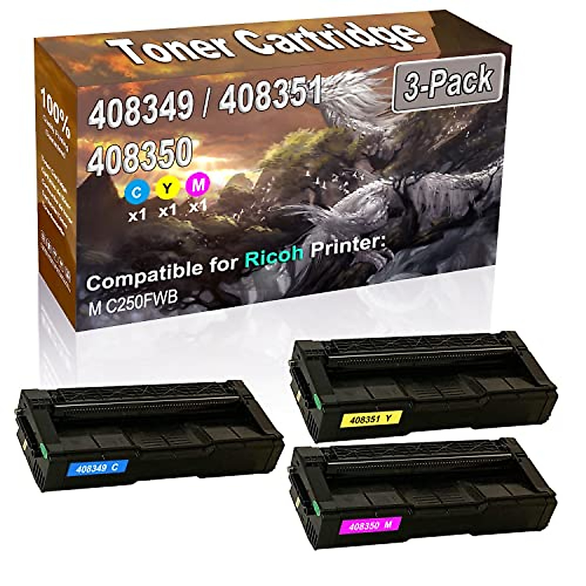 3-Pack (C/Y/M) Compatible High Yield M C250 (408349 408351 408350) Printer Toner Cartridge use for Ricoh M C250FWB Printers