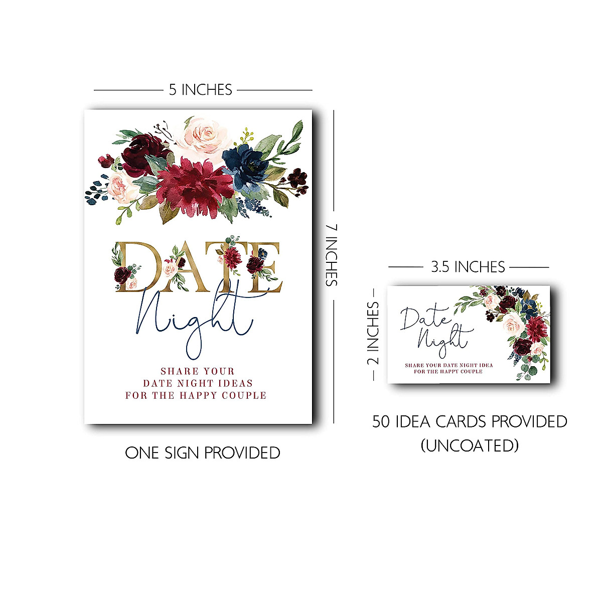 Your Main Event Prints Burgundy and Navy Floral Date Night Game Sign and Cards - Great for Bridal Showers and Weddings - 1 Self-Standing Sign and 50 Guessing Cards