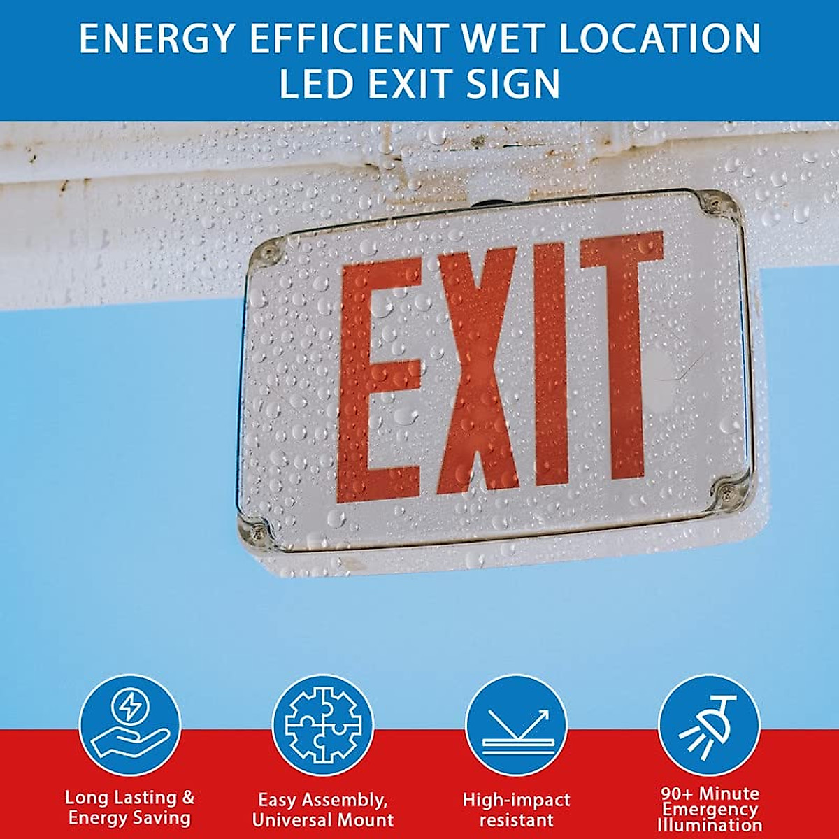 Ciata Red Light up Hardwired and Battery Operated Exit Signs with Light for Wet Location, Exterior, Weatherproof, Led Illuminated, Corded Exit Sign Battery Powered Emergency Light with Battery Backup