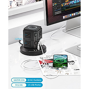 Power Strip Tower Surge Protector, Extension Tower with Wireless Charging, Vertical Charging Station with 8 Plug 3 USB Ports, for Home Office Hotel Dorm,Black