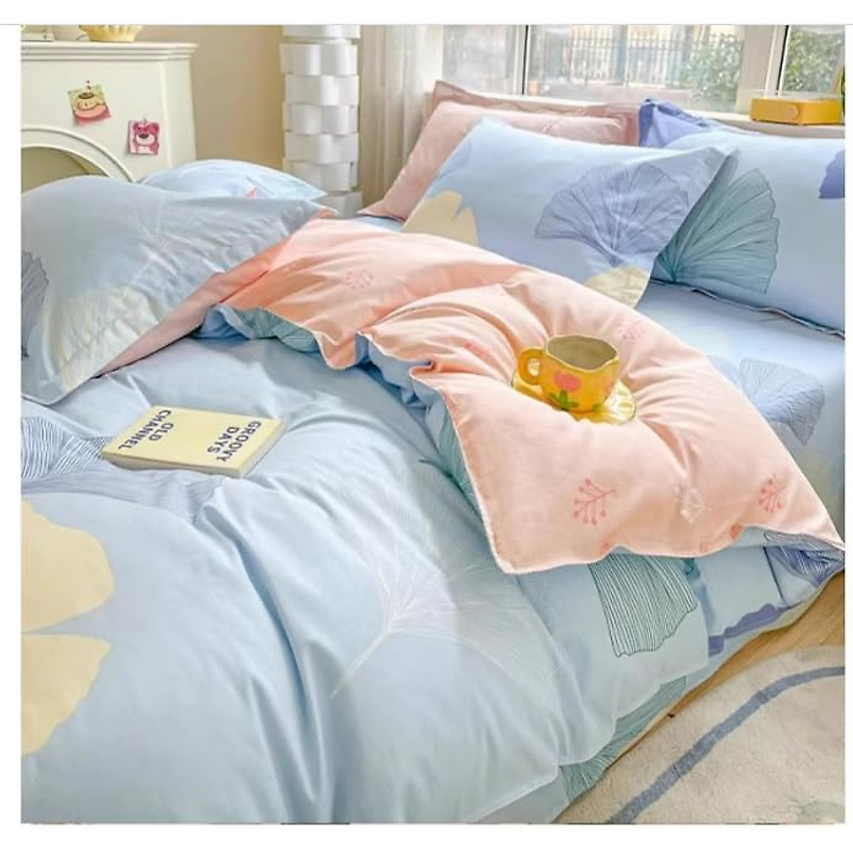 Generic 100% Cotton Duvet Cover Set for King Queen and Twin, Full Size Blue Leaf Print Double Bed Quilt Cover with 2 PCs Pillowcase with Zipper Closure (Full)