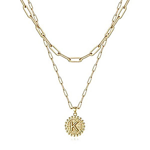 Ursteel Gold Necklace for Women, 14K Gold Plated Dainty Layering Paperclip Chain Necklace Letter K Initial Coin Pendant Necklaces Layered Gold Necklaces for Women Jewelry Gifts Gold Jewelry for Women