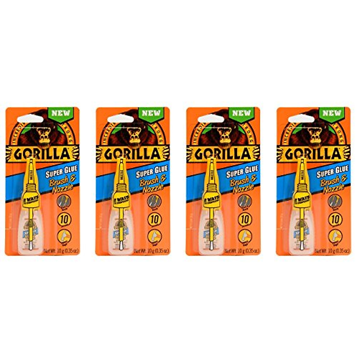 Gorilla Super Glue with Brush & Nozzle Applicator, 10 Gram, Clear, (Pack of 4)