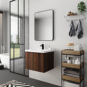 24-Inch Wall Mounted Bathroom Vanity with Sink Combo Modern Single Bathroom Vanity Set with Top Resin Sink & Storage Cabinet Wood Hanging Bath Cabinet w/Resin Sink for Bathroom (Walnut-24 Inch)