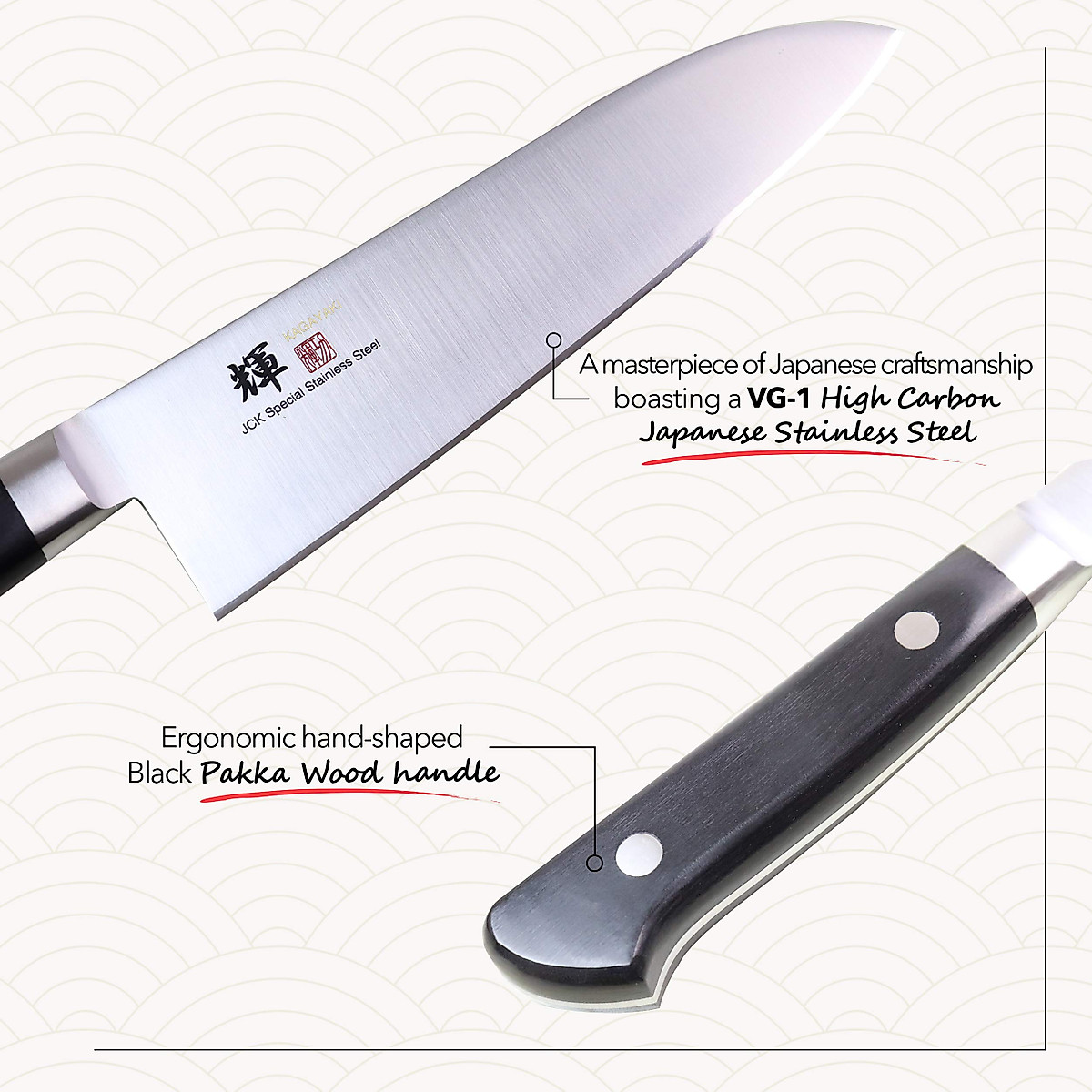 JCK ORIGINAL Kagayaki Japanese Chef’s Knife, KG-3ES Professional Santoku Knife, VG-1 High Carbon Japanese Stainless Steel Pro Kitchen Knife with Ergonomic Pakka Wood Handle, 7 inch