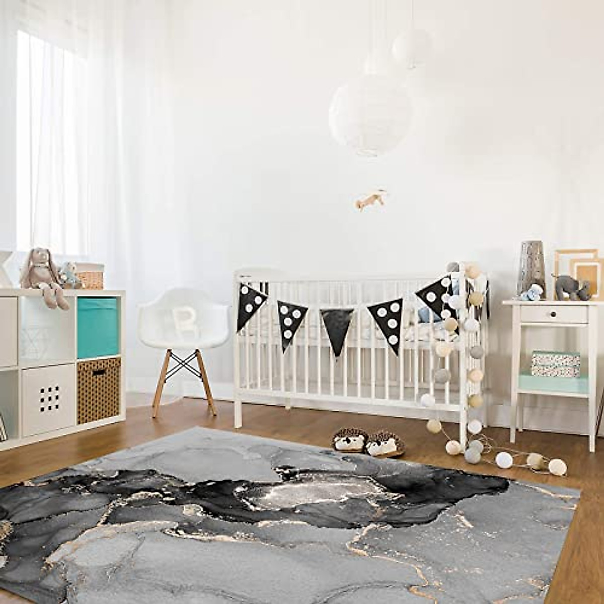 Light Luxury Black Gold Marble Area Rug, Grey Background Golden Moire Pattern Throw Rugs, Easy-Cleaning Anti Slip Carpet for Indoor Living Room Bedroom Apartment Decor Rug - 5 ft x 7 ft