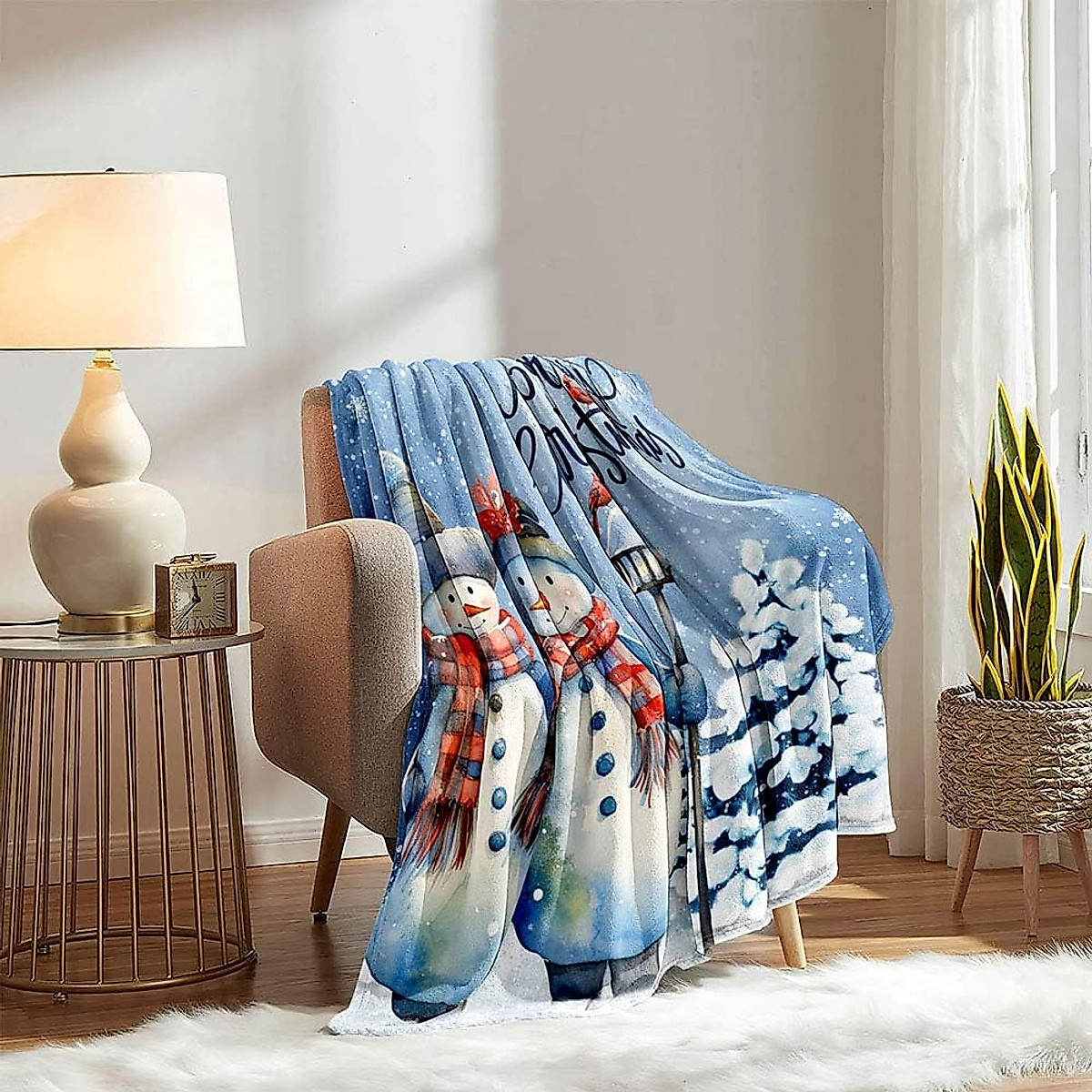 LUVIVIHOME Cute Snowman Throw Blanket, Blue Blanket, Kids Blanket, Red Cardinal Birds Winter Holiday Christmas Blanket, Cozy Warm Lightweight Soft Fuzzy Flannel Fleece Blanket for Couch, Sofa, 30"x40"