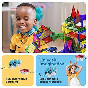 PicassoTiles 128 Piece Race Car Track Building Block Educational Toy Set Magnetic Tiles Magnet Playset 3 LED Car STEM Learning Construction Kit Hand-Eye Fine Motor Skill Training Brain Development