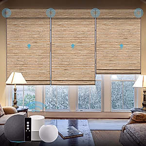 SmartWings Motorized Natural Woven Wood Blinds for Windows, Electric Auto Roman Shades with Remote for Sliding Doors, Compatitable with Alexa/Homekit/Google Home, Customized, Jute Linen-005
