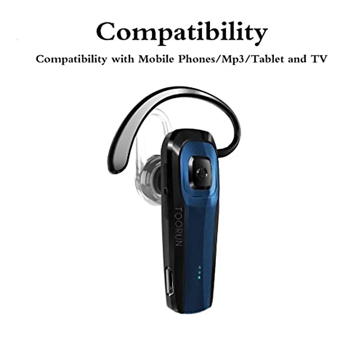 TOORUN Bluetooth Earpiece, M26 Bluetooth Headset Handsfree V5.0 Wireless Earpiece Headphone with Noise Reduction and Microphone Compatible for Android iPhone Cell Phone Laptop - Blue