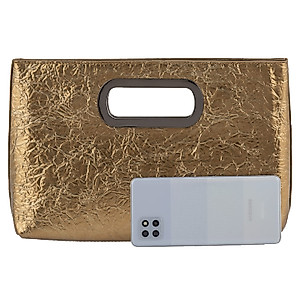 Crushed Metallic Top Handle Clutch, Bronze