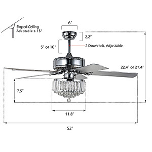 52" Crystal Ceiling Fan Chandelier, Remote Control, Reversible Motor & 5 Wood Reversible Blades, Chrome Finish