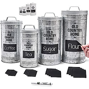 Saratoga Home Farmhouse Canister Set for Kitchen Coffee Tea Sugar Container Set with Labels & Marker, 4 Airtight Galvanized Rustic Tin Metal Flour Sugar Canister Sets for Kitchen Counter, Silver