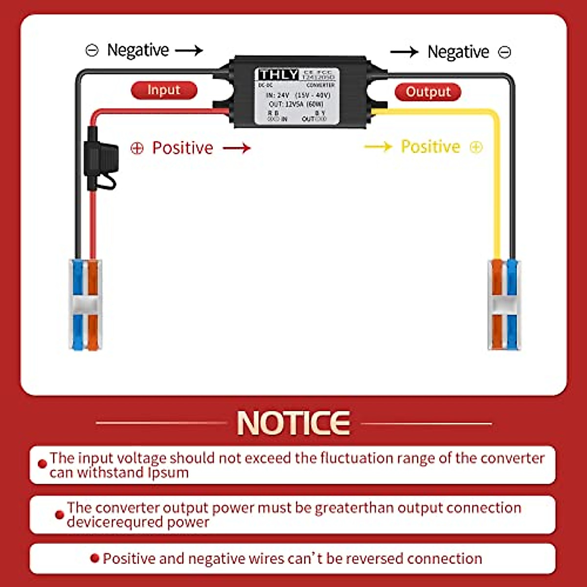 24V to 12V Converter with Fuse Waterproof and Wire Terminal Block, More Safe 18V to 12V Step Down Converter 5A 60W, DC to DC Converter for Golf Cart Light Truck Vehicle Boat (Accept DC 15-40V Inputs)