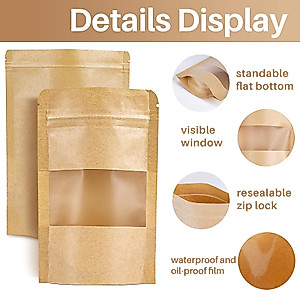 MAQIHAN 50 Stand Up Pouches Bags - 3.5"×5.5" Resealable Ziplock Kraft Paper Bags Window Food Packaging Homemade Bagel Bread Cookie Candy Tea Herb Spice Coffee Jerky Dog Treat Bags Small Business