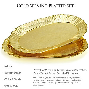 AVLA 6 Pack Plastic Serving Tray, Gold Serving Platter Set, Reusable Party Snack Serving Tray, Decorative Food Appetizer Platters for Dessert Table, Cupcake, Charcuterie, Cookies, 14" x 8.5"