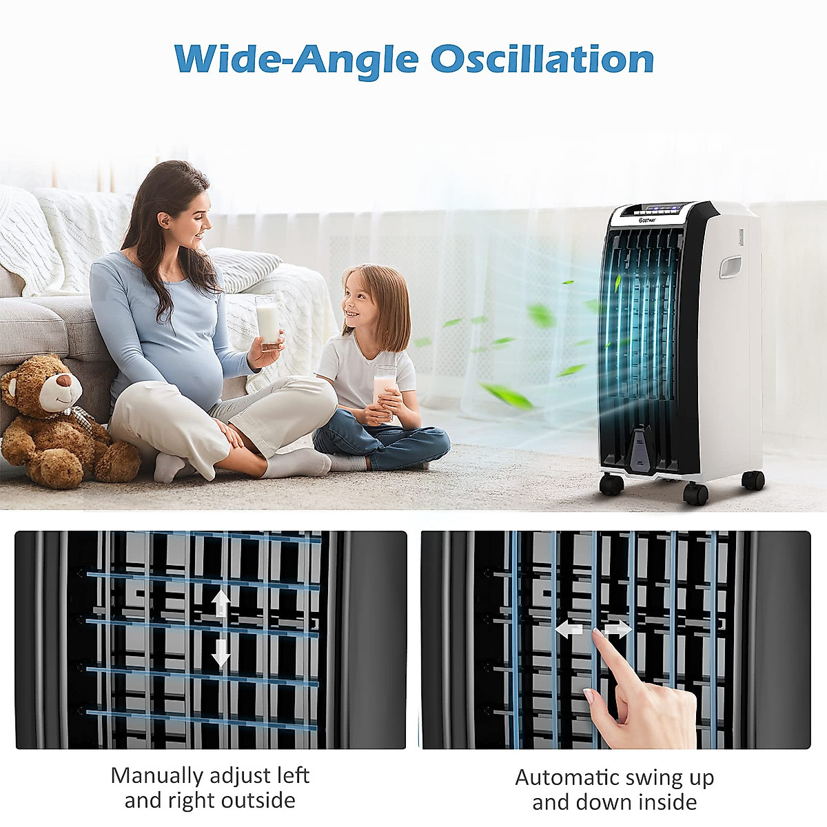 COSTWAY Evaporative Cooler, Portable Cooling Fan with Remote Control, 3-Mode, 3-Speed and 7.5H Timer Function, Include Ice Crystal Boxes, Water Tank and Casters, Bladeless Cooler for Home Office