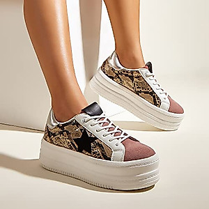 BELOS Fashion Platform Women Sneakers Faux Suede Stars Holographic Rainbow Walking Shoes(Pink Snake,8.5)