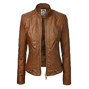 Lock and Love LL WJC747 Womens Dressy Vegan Leather Biker Jacket L Camel