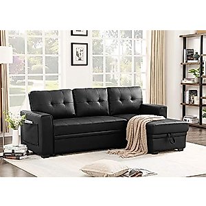 INFINI FURNISHINGS 84" Wide Sectional Sofa with Pull Out Sleeper Bed, Reversible Storage Chaise Lounge, Modern Tufted Line Design Sofabed, Faux Leather, Black