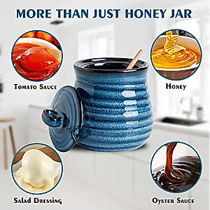 Hasense Ceramic Honey Jar with Lid,12 Ounce Honey Pot with Wooden Dipper,Porcelain Honey Dipper Stick and Jar Set,Honey Containers for Home and Kitchen,Dishwasher Safe(Blue)