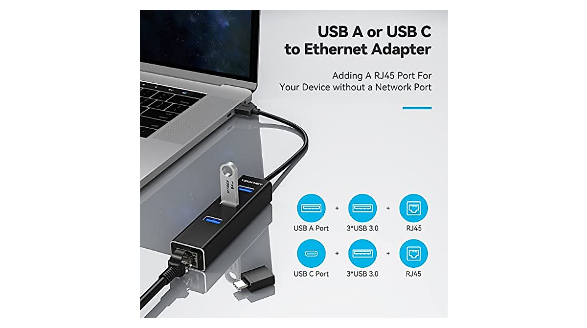 TECKNET USB to Ethernet Adapter with 3-Port USB Hub & Gigabit Ethernet