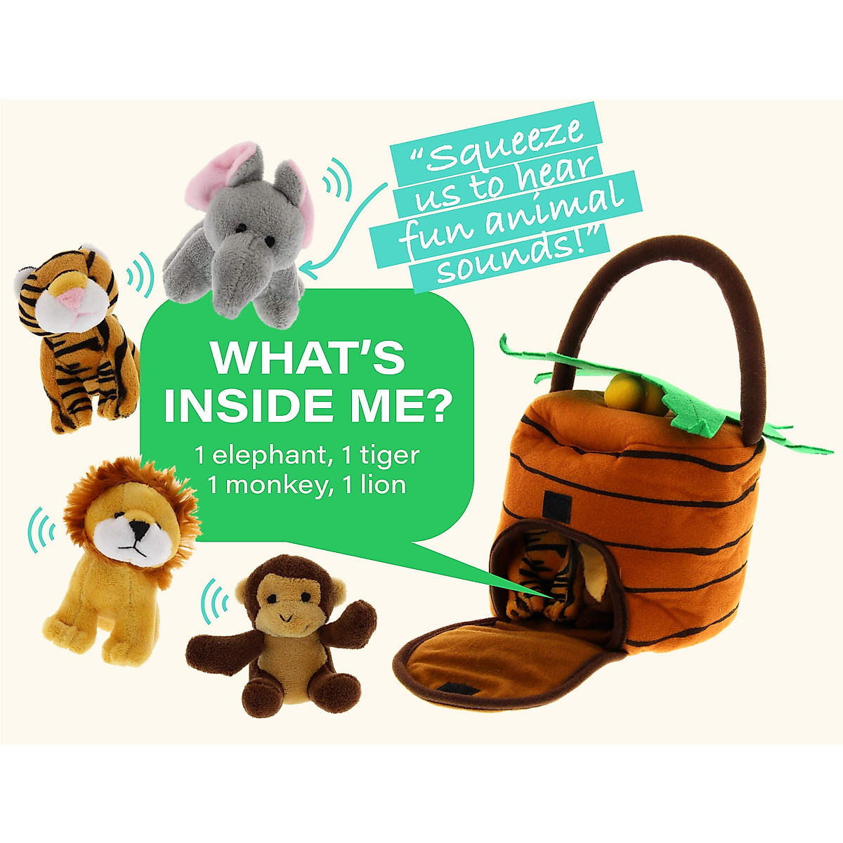 Jungle Animals Talking Plush Baby Toy – 5 Piece Small Stuffed Animals Set Including Jungle House Carrier and Stuffed Monkey, Lion, Tiger & Elephant – These Mini Toys are Ideal for Boys and Girls