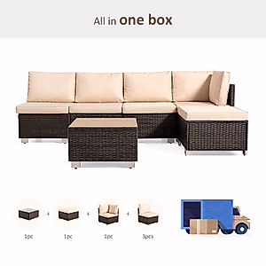 Patio Furniture 6 Pieces Set, Outdoor Furniture PE Rattan Wicker Outdoor Couch, Patio Conversation Sets One Box Package with Glass Table and Cushion, Brown
