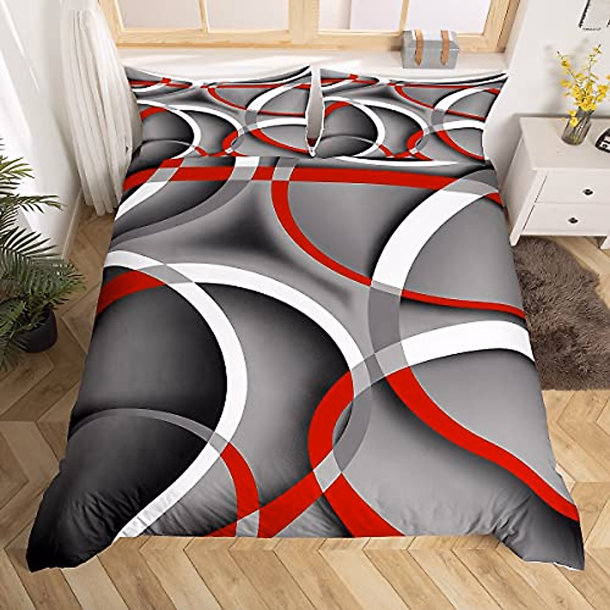 Modern Geometric Lines Duvet Cover King Size for Boys Women Men Gray Black Red Swirls Bedding Set Retro Lines Comforter Cover Modern Abstract Bedspread Cover with 2 Pillow Shams Microfiber Quilt Cover