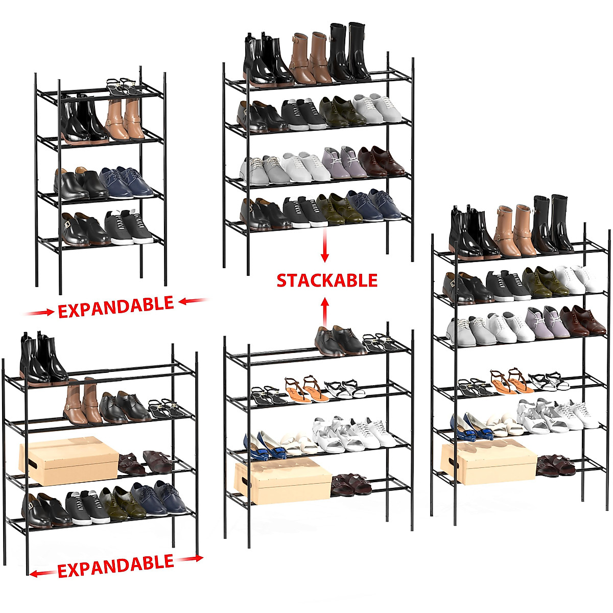 Simple Houseware 4-Tier Stakable Shoe Racks with Extendable Shelves, Black